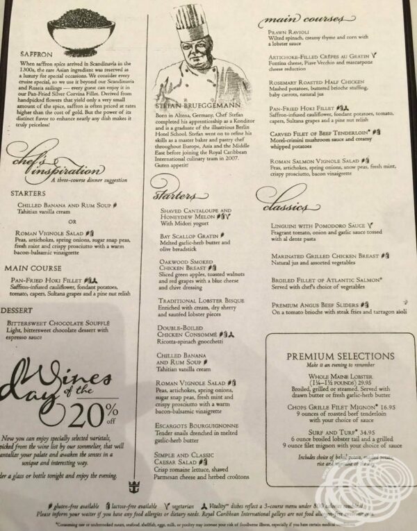 Royal Caribbean's Main Dining Room Menu - Saffron Theme | Still As Life